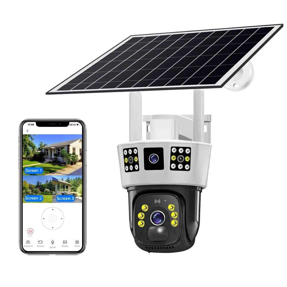 4G Solar Cctv Camera Dual Lens 3 Screens PTZ Wireless Security Outdoor ...