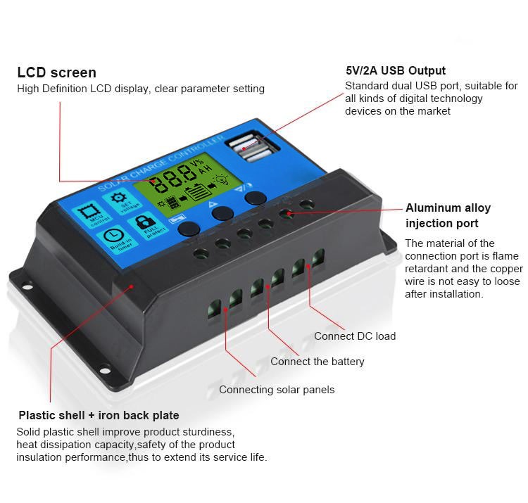 10A/20A/30A solar Charge Controller 12V 24V PWM Solar Charge Controller LCD Dual USB Output 5V ...