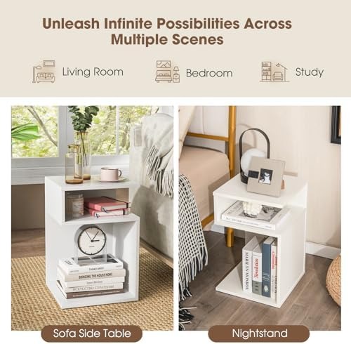 S-Shaped Sofa Side Table with 2 Open Compartments Modern Nightstand ...
